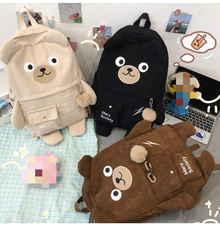 Aoakva Kawaii Bear Corduroy Backpack Cute for Teen Girl Boy Middle School Large Size (Brown)