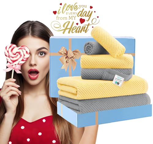 VOOVA & MOVAS Towels for Bathroom, Bath Towels with Hanging Loop - 100% Cotton | Soft | Quick Dry | Thick, Towel Set of 6, 2 Large Bath 30"x56", 2 Hand 18"x28", 2 Washcloths 13"x13", Grey and Yellow