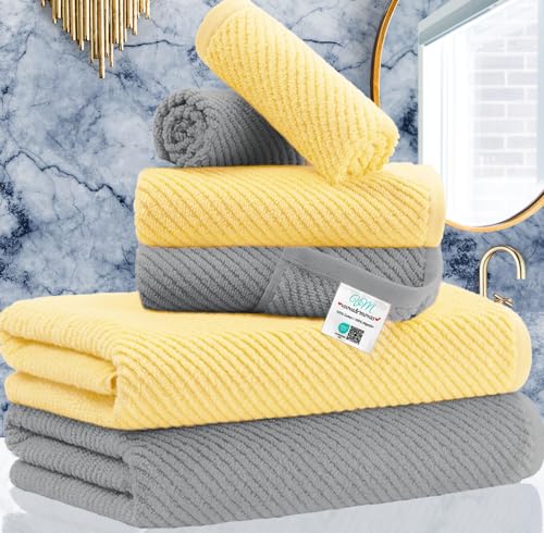 VOOVA & MOVAS Towels for Bathroom, Bath Towels with Hanging Loop - 100% Cotton | Soft | Quick Dry | Thick, Towel Set of 6, 2 Large Bath 30"x56", 2 Hand 18"x28", 2 Washcloths 13"x13", Grey and Yellow