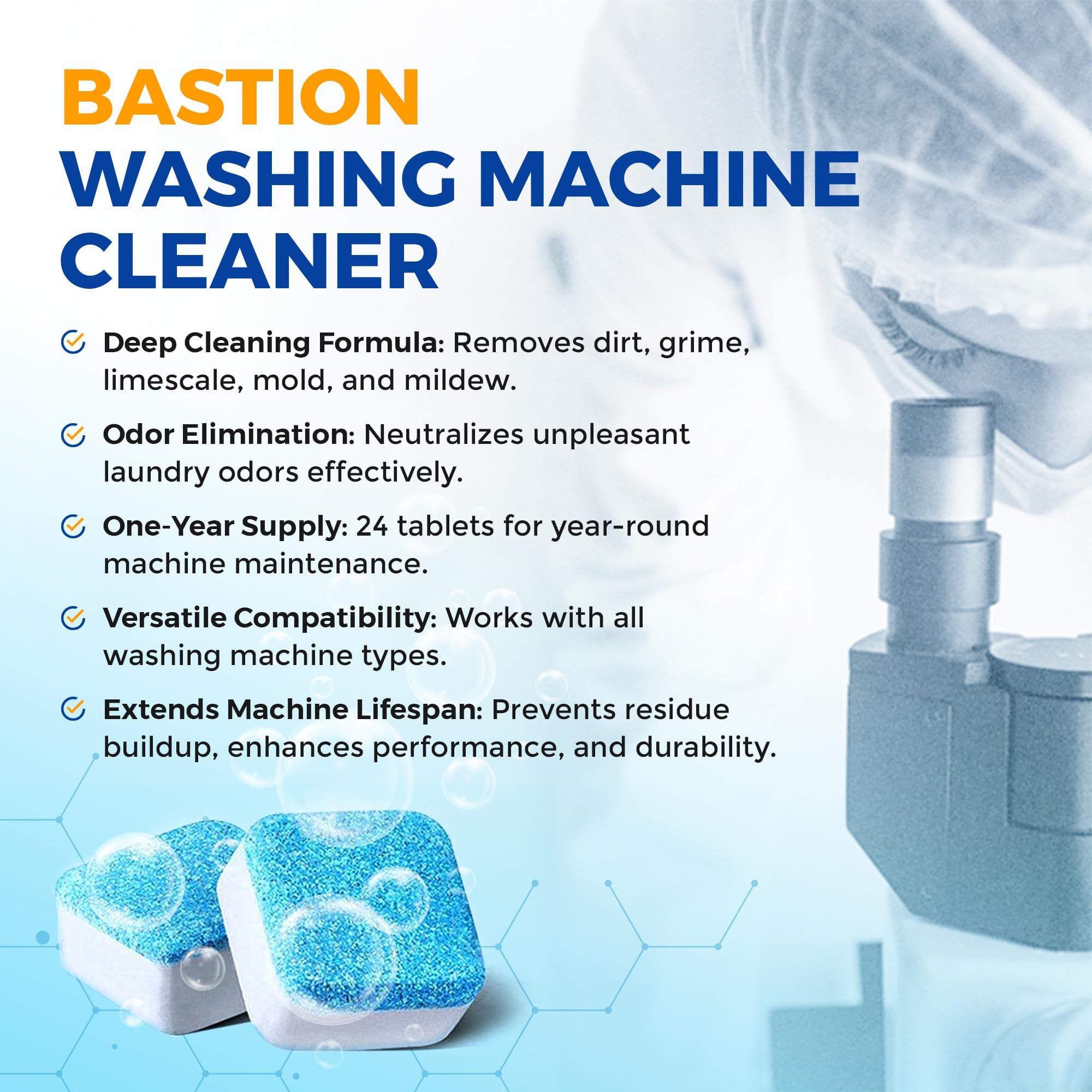 Washing Machine Cleaner Tablets 24 pack Powerful Descaler -Deep Cleaning for HE Front Loader & Top Load Washer Septic Safe Eco-Friendly Deodorizer Clean Drum & Laundry Tub Seal- Year's Supply