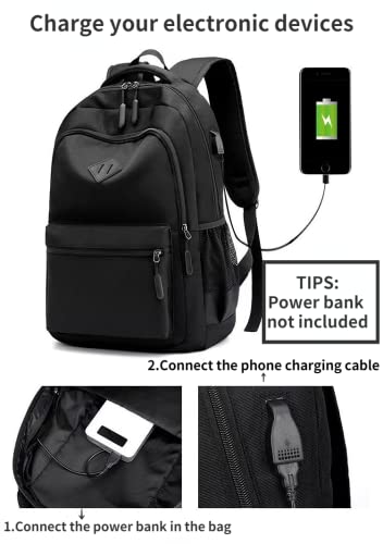 KOWVOWZ USB Charging Port Aesthetic Laptop Backpack Travel Student Bookbag Water Resistant (Black)