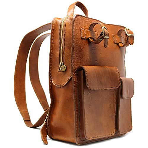 Floto Tortona Leather Backpack Knapsack Italian Shoulder Bag (Tobacco Brown)