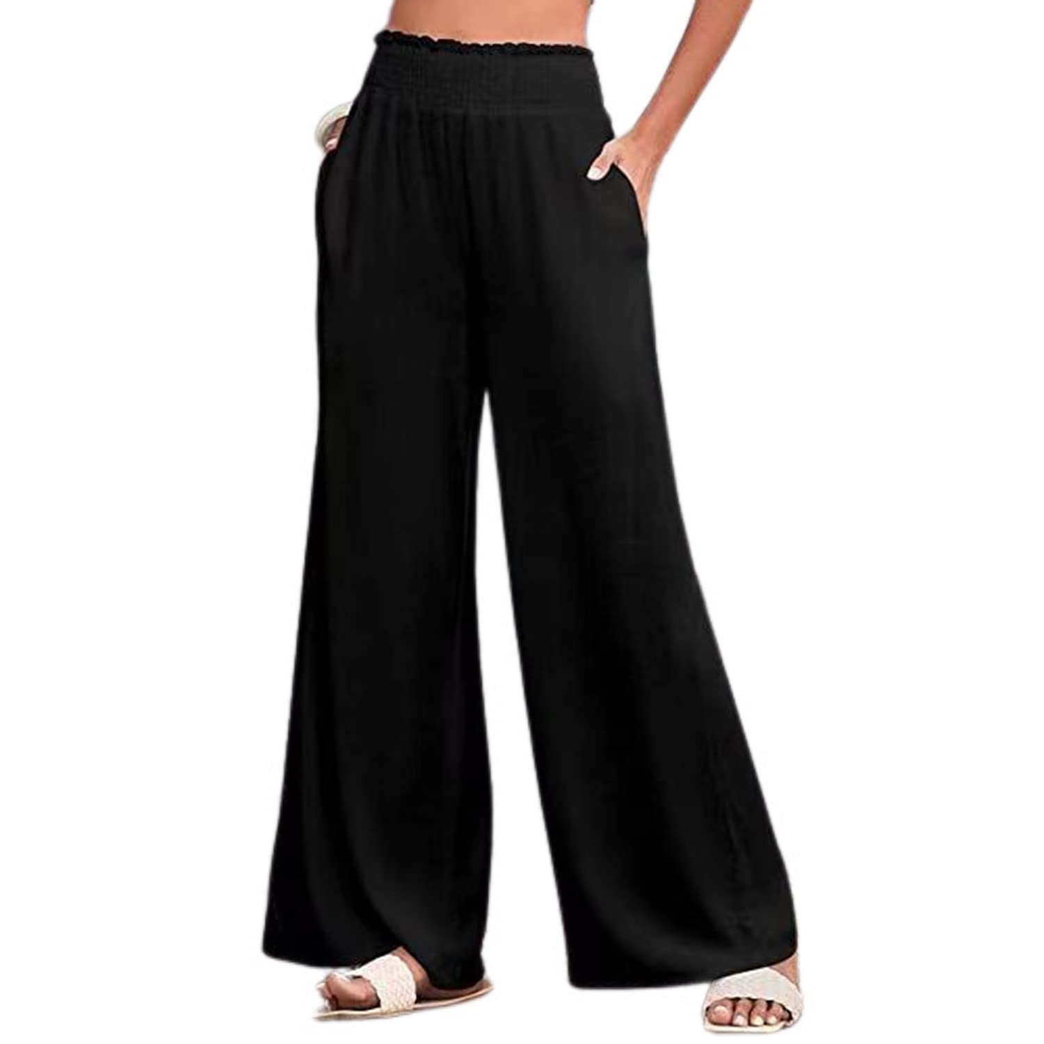 Jdlsppl Women's Casual Wide Leg Pants Palazzo Pant Baggy Cotton High Waisted Classic Empire Waist Elastic Band Trousers Black 8-10