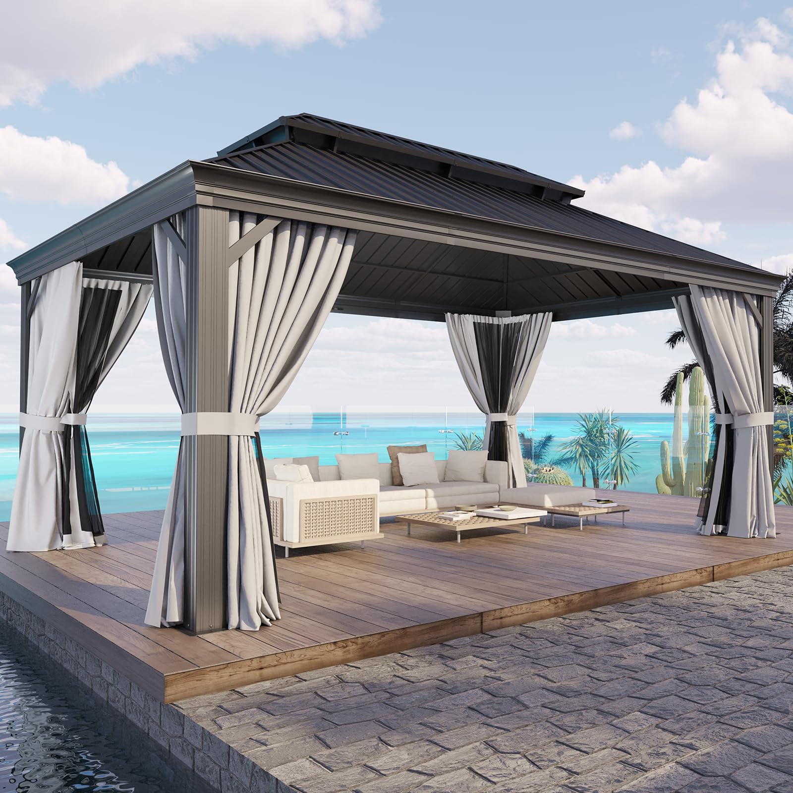 oneinmil 12x16FT Outdoor Gazebo, Heavy Duty Metal Double Roof Hardtop Gazebo with Aluminum Frame and Netting and Curtains for Patios