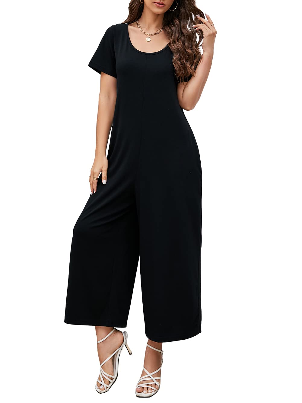 Qnasey Women's Summer Short Sleeve Loose Crewneck Jumpsuit Rompers Wide Long Pant Loungewear with Pockets Samll Black