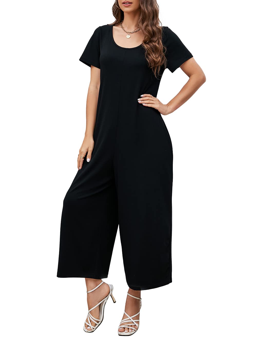 Qnasey Women's Summer Short Sleeve Loose Crewneck Jumpsuit Rompers Wide Long Pant Loungewear with Pockets Samll Black