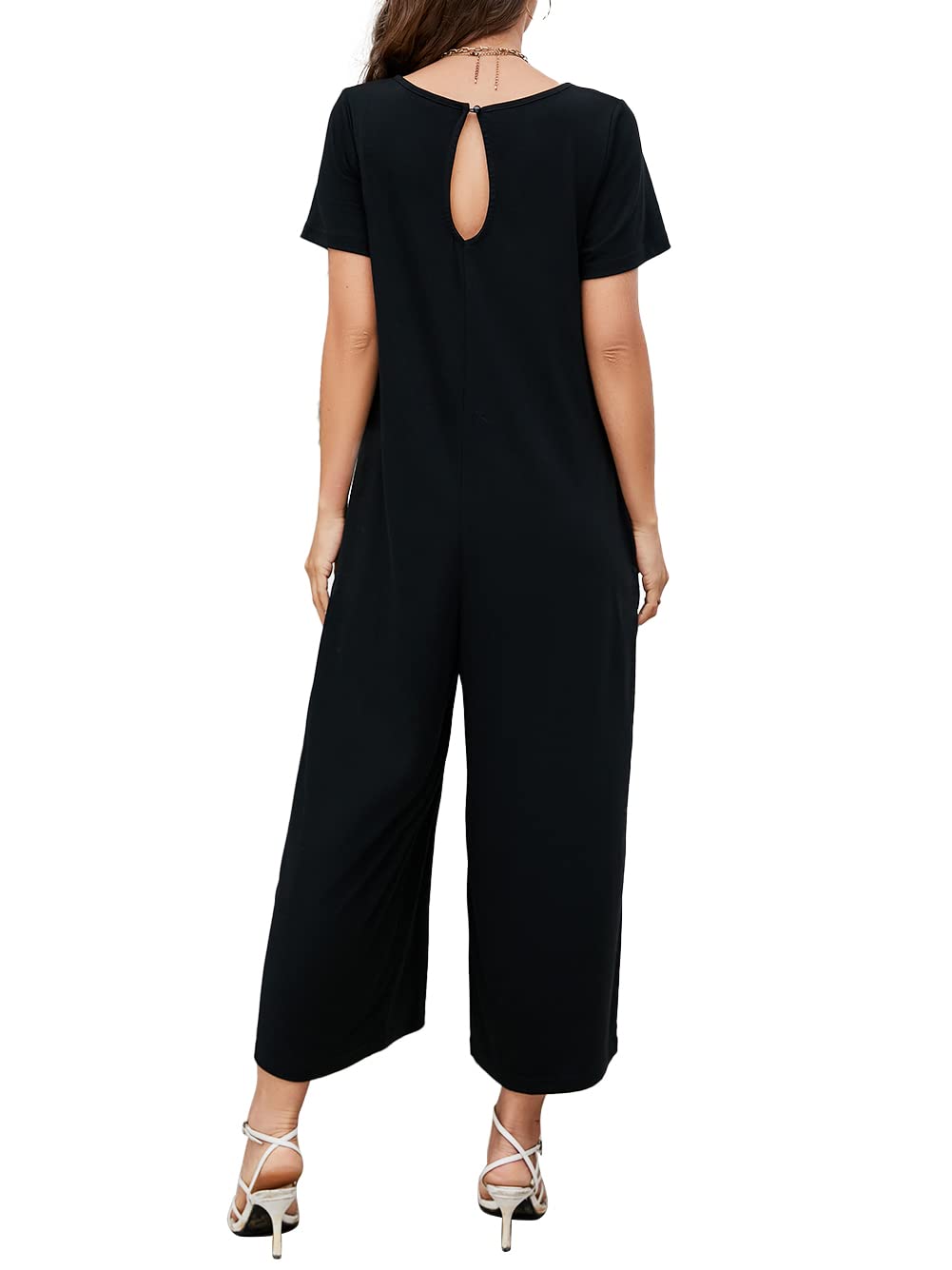 Qnasey Women's Summer Short Sleeve Loose Crewneck Jumpsuit Rompers Wide Long Pant Loungewear with Pockets Samll Black