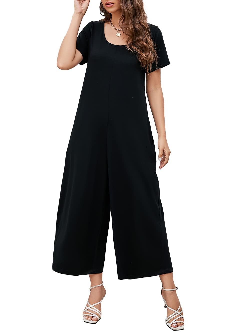 Qnasey Women's Summer Short Sleeve Loose Crewneck Jumpsuit Rompers Wide Long Pant Loungewear with Pockets Samll Black