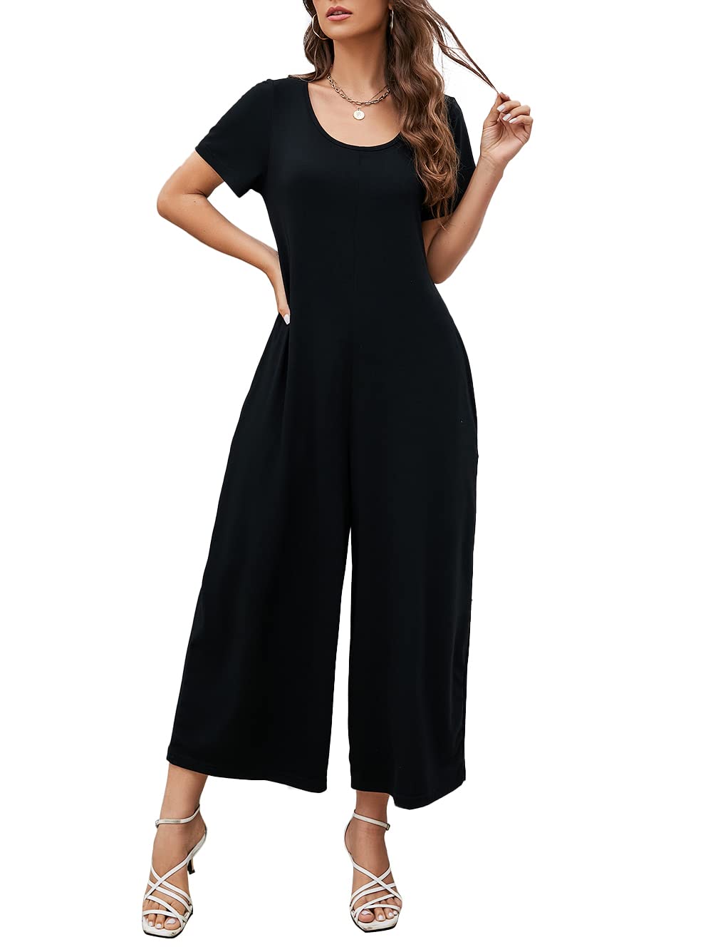 Qnasey Women's Summer Short Sleeve Loose Crewneck Jumpsuit Rompers Wide Long Pant Loungewear with Pockets Samll Black