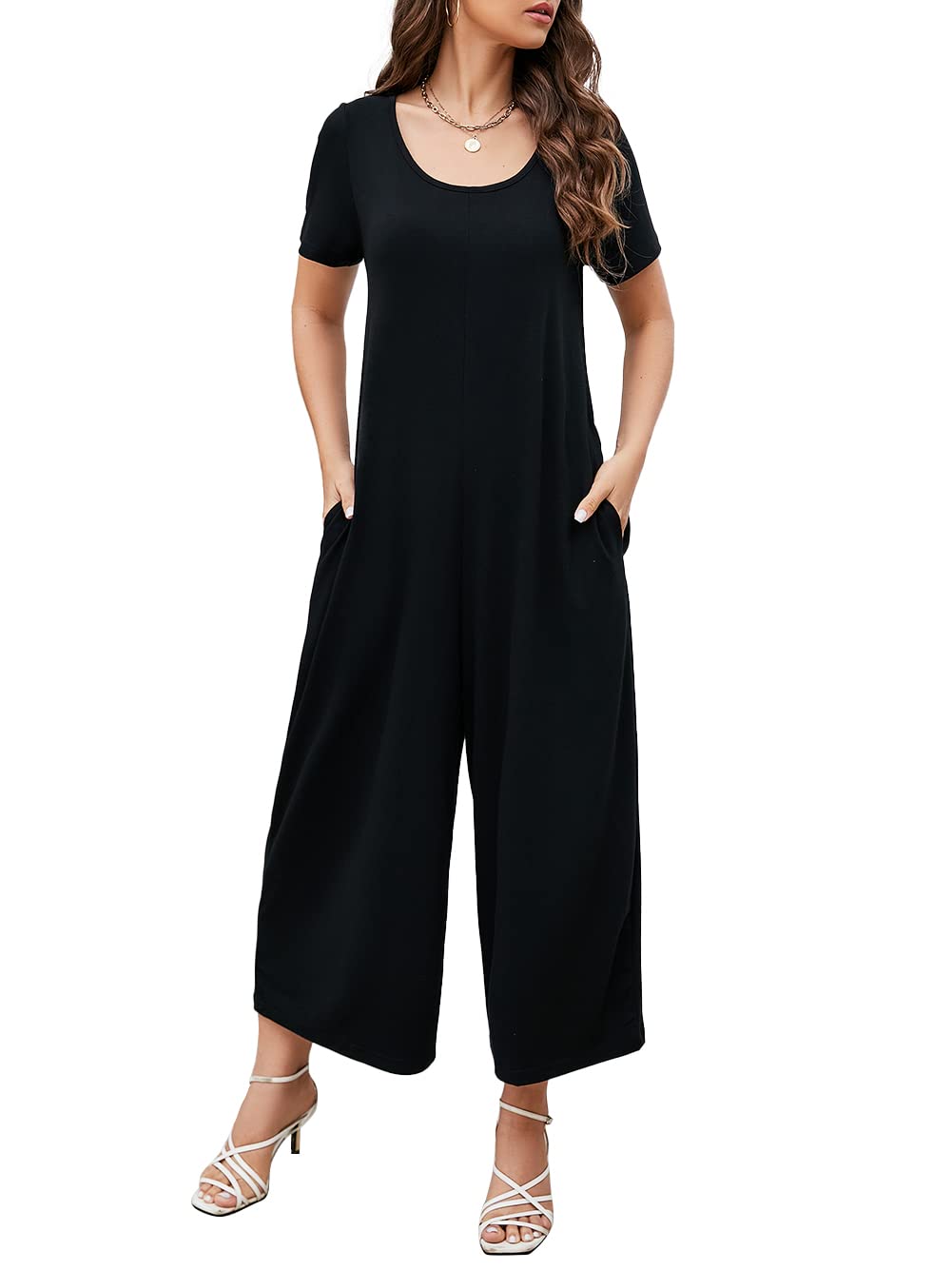 Qnasey Women's Summer Short Sleeve Loose Crewneck Jumpsuit Rompers Wide Long Pant Loungewear with Pockets Samll Black