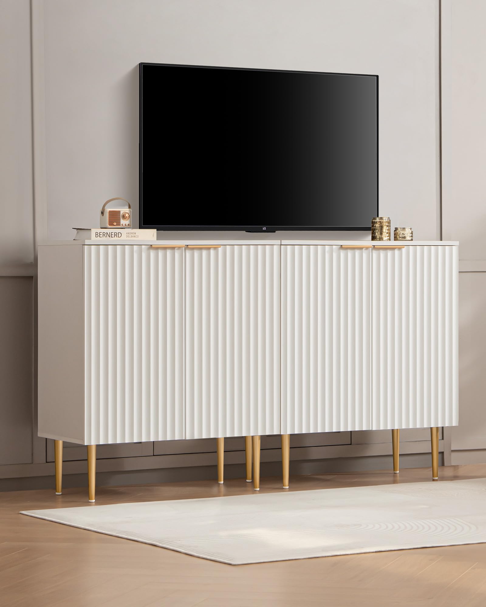 SICOTAS Fluted White Storage Cabinet Set of 2, Wooden Sideboard Buffet Cabinet with Spray-Painted Finish, Console Table with Storage Credenza Accent Cabinet for Living Room, Dining Room, Entryway