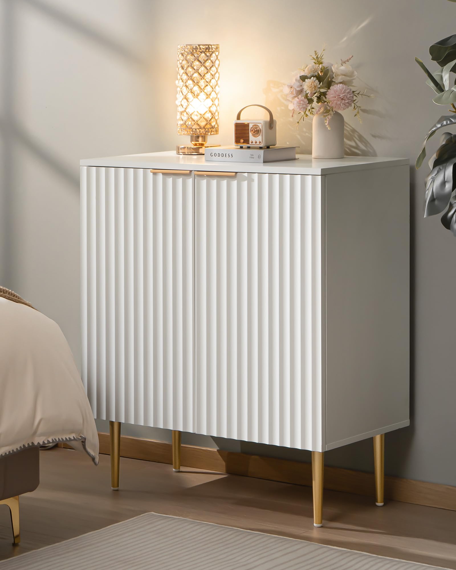 SICOTAS Fluted White Storage Cabinet Set of 2, Wooden Sideboard Buffet Cabinet with Spray-Painted Finish, Console Table with Storage Credenza Accent Cabinet for Living Room, Dining Room, Entryway