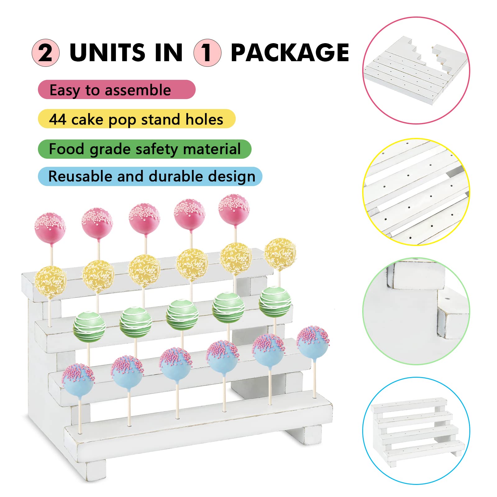 Anwelynd Pack 2 Cake Pop Stand Holder for Display, 44 Hole Solid Wood Lollipop Stand Holder for Weddings Baby Showers Birthday Parties Anniversaries Cake Pop Holder Cake Pop Stand