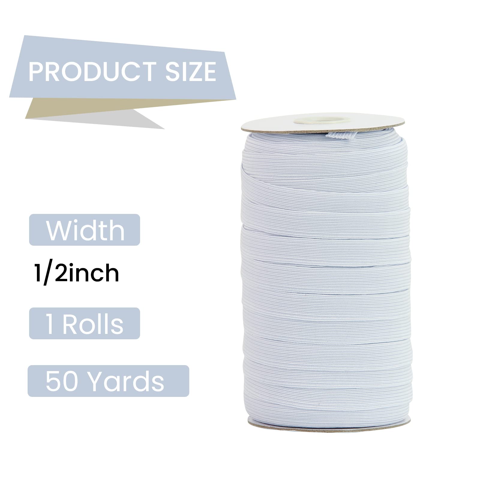 Flat Elastic Band for Sewing, 1/2 inch 50 Yards High Elasticity White Elastic Cord Elastic Rope Knit Elastic Spool for Sewing DIY Crafts(White,1/2 Inch * 50 Yard)