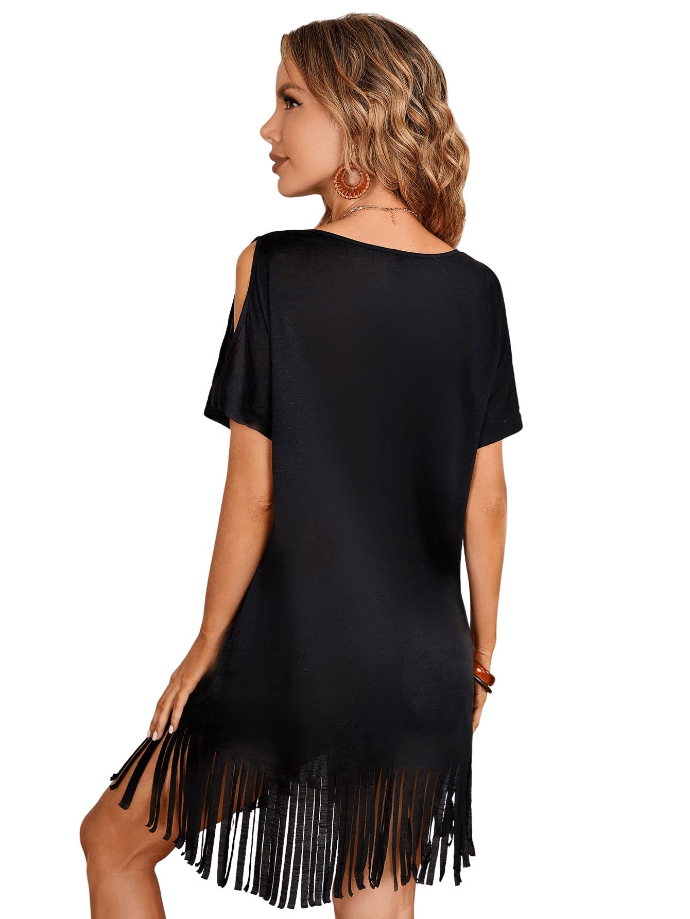 Verdusa Women's Cold Shoulder V Neck Short Sleeve Fringe Hem Short Tunic Dress Solid Black S