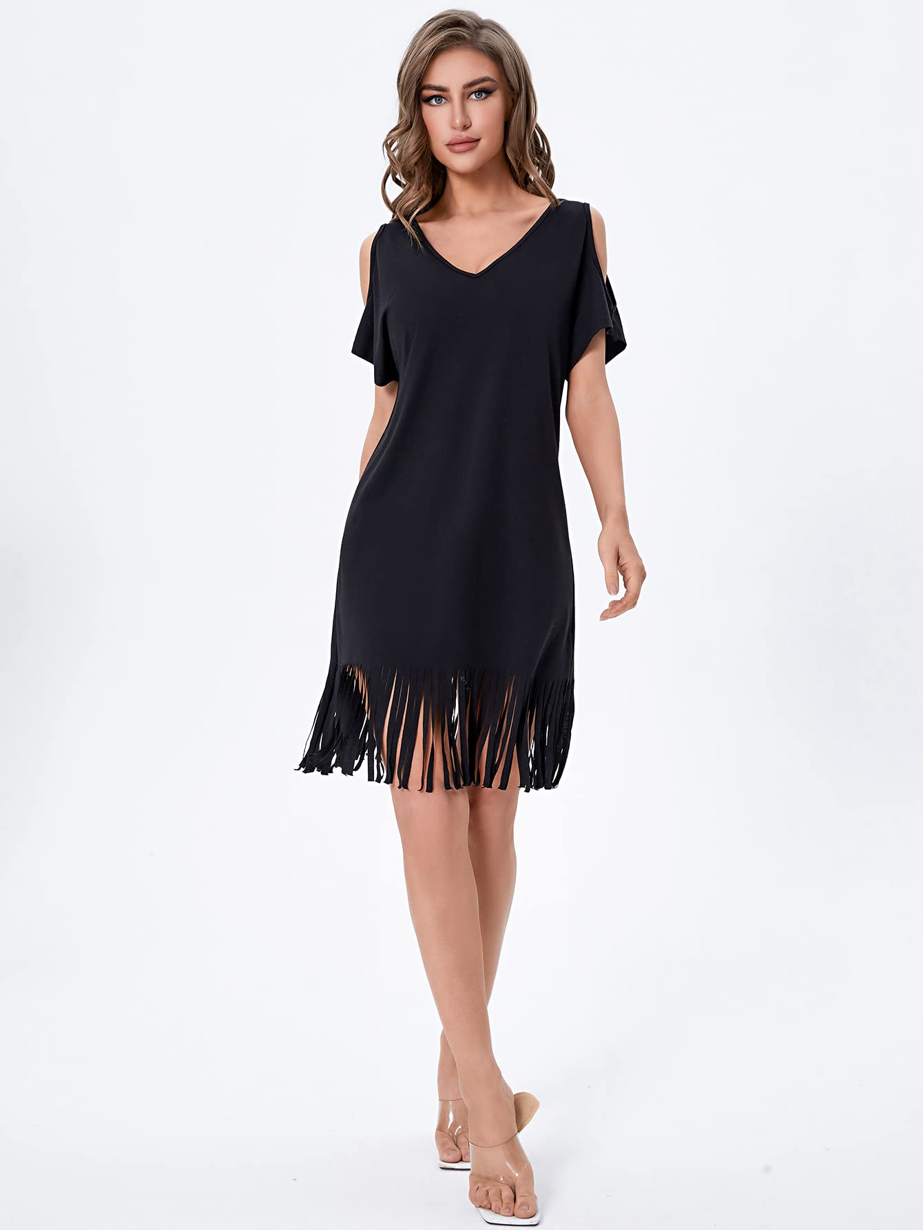 Verdusa Women's Cold Shoulder V Neck Short Sleeve Fringe Hem Short Tunic Dress Solid Black S