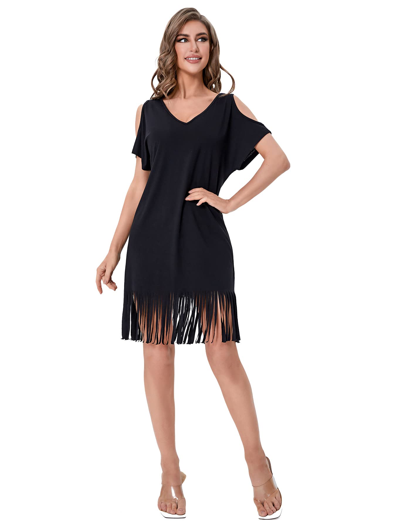 Verdusa Women's Cold Shoulder V Neck Short Sleeve Fringe Hem Short Tunic Dress Solid Black S