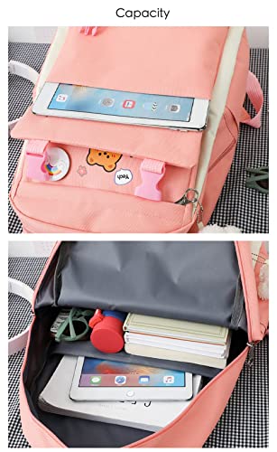 5pcs Cute Aesthetic Backpack Set for Girls Kawaii Large Canvas Shoulder Bag Preppy School Accessories (Purple)