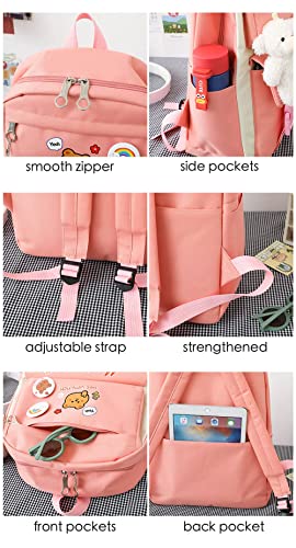 5pcs Cute Aesthetic Backpack Set for Girls Kawaii Large Canvas Shoulder Bag Preppy School Accessories (Purple)