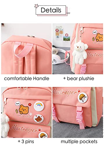 5pcs Cute Aesthetic Backpack Set for Girls Kawaii Large Canvas Shoulder Bag Preppy School Accessories (Purple)