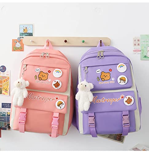 5pcs Cute Aesthetic Backpack Set for Girls Kawaii Large Canvas Shoulder Bag Preppy School Accessories (Purple)