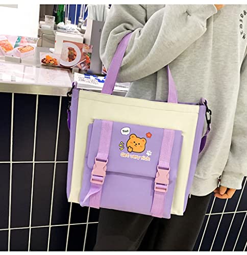 5pcs Cute Aesthetic Backpack Set for Girls Kawaii Large Canvas Shoulder Bag Preppy School Accessories (Purple)