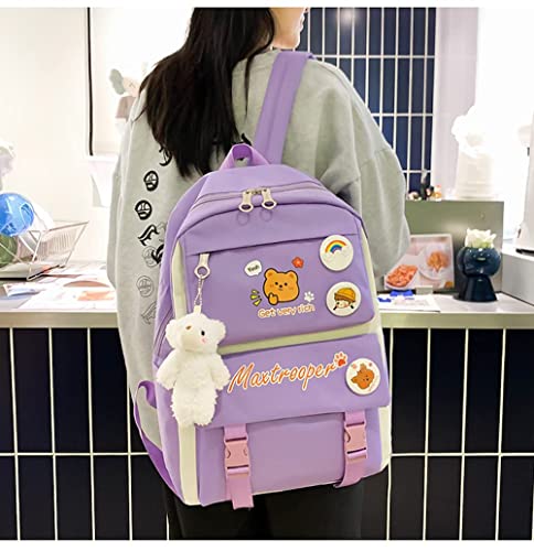 5pcs Cute Aesthetic Backpack Set for Girls Kawaii Large Canvas Shoulder Bag Preppy School Accessories (Purple)