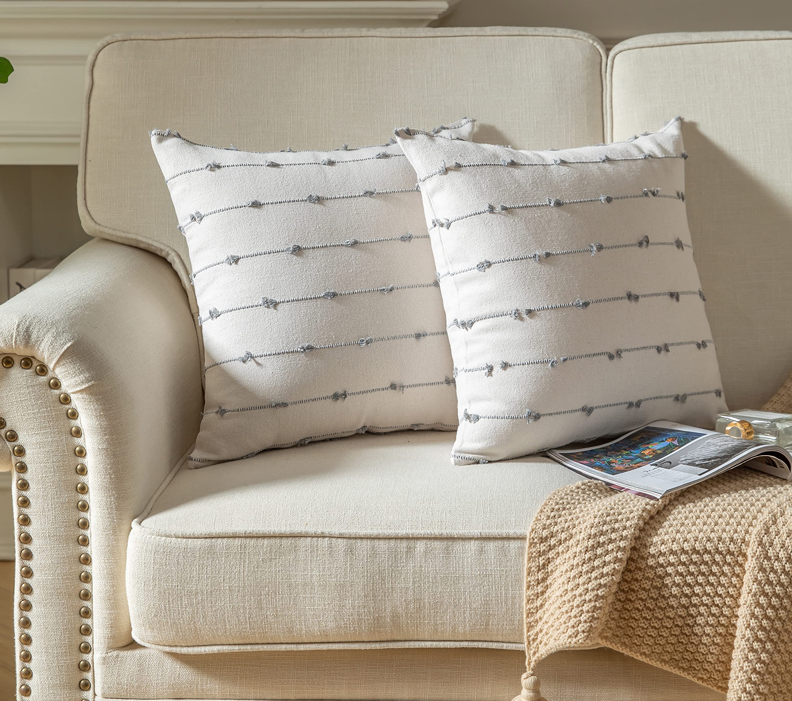 Caflife Boho Throw Pillow Covers 20x20 inches Beige and Grey, Set of 2 Modern Farmhouse Decorative Pillow Covers for Couch Bed, Living Room