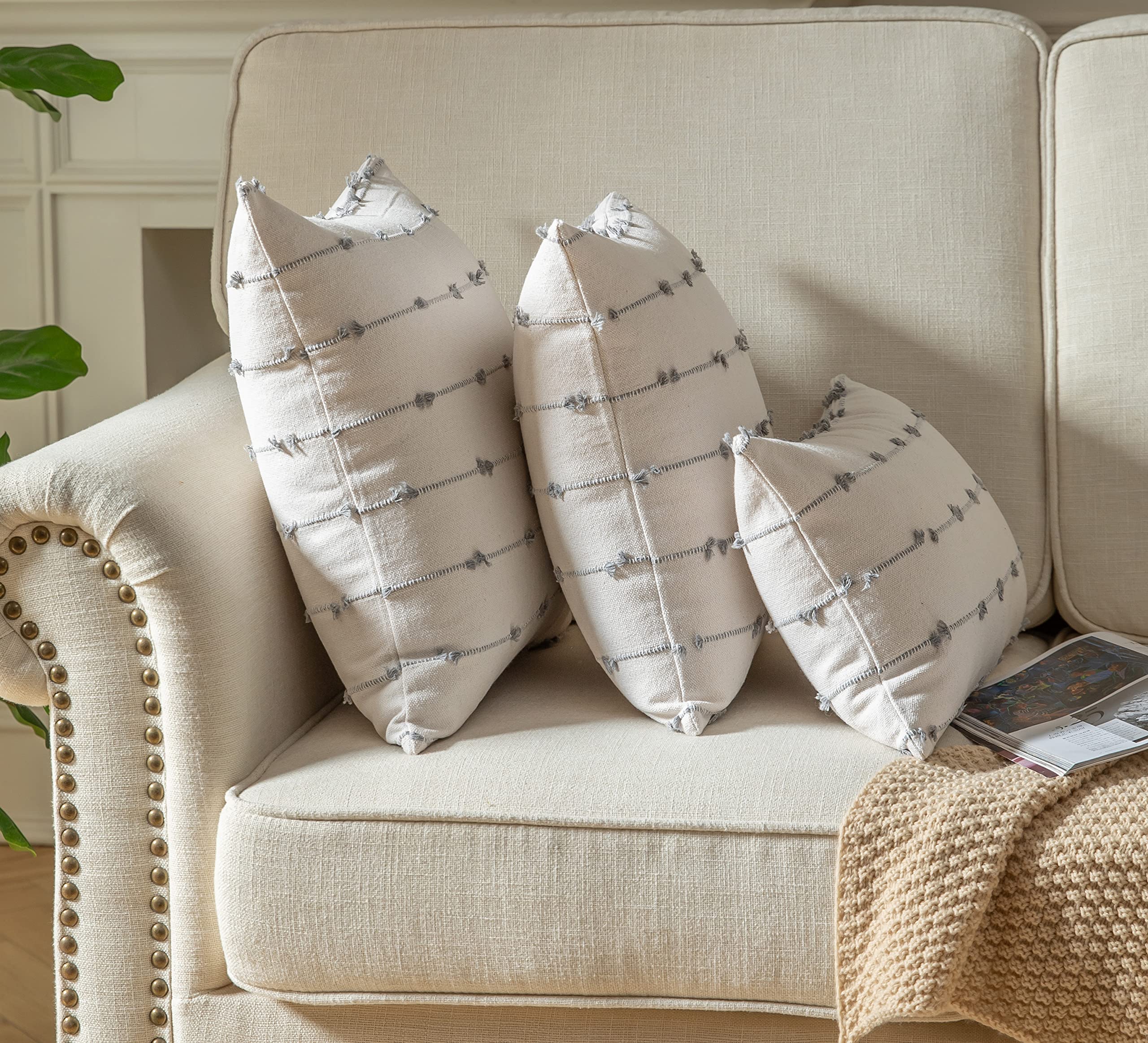 Caflife Boho Throw Pillow Covers 20x20 inches Beige and Grey, Set of 2 Modern Farmhouse Decorative Pillow Covers for Couch Bed, Living Room