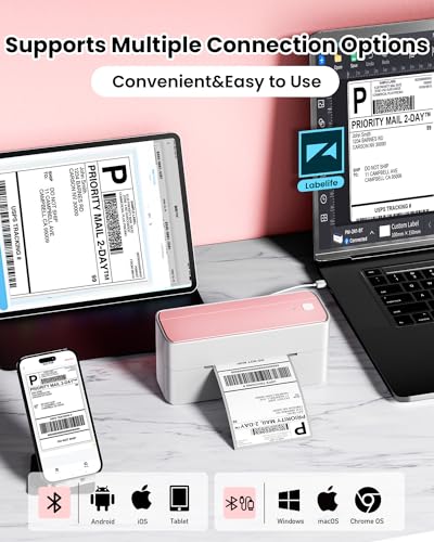 Memoqueen Bluetooth Thermal Label Printer 4X6 - Wireless Shipping Label Printer for Shipping Packages and Small Business, Compatible with iOS and Android, for USPS, Etsy Amazon Shopify，Pink and White