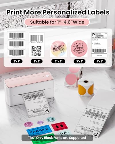 Memoqueen Bluetooth Thermal Label Printer 4X6 - Wireless Shipping Label Printer for Shipping Packages and Small Business, Compatible with iOS and Android, for USPS, Etsy Amazon Shopify，Pink and White