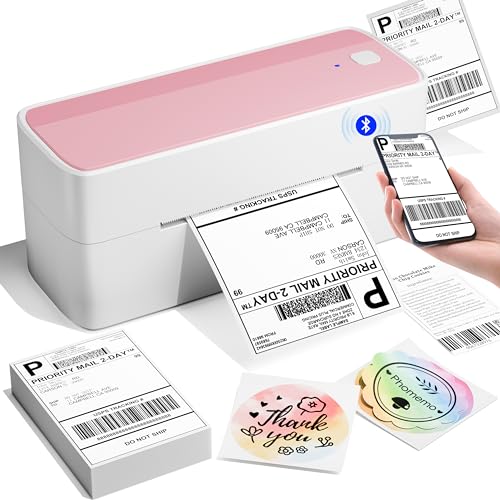 Memoqueen Bluetooth Thermal Label Printer 4X6 - Wireless Shipping Label Printer for Shipping Packages and Small Business, Compatible with iOS and Android, for USPS, Etsy Amazon Shopify,Pink and White