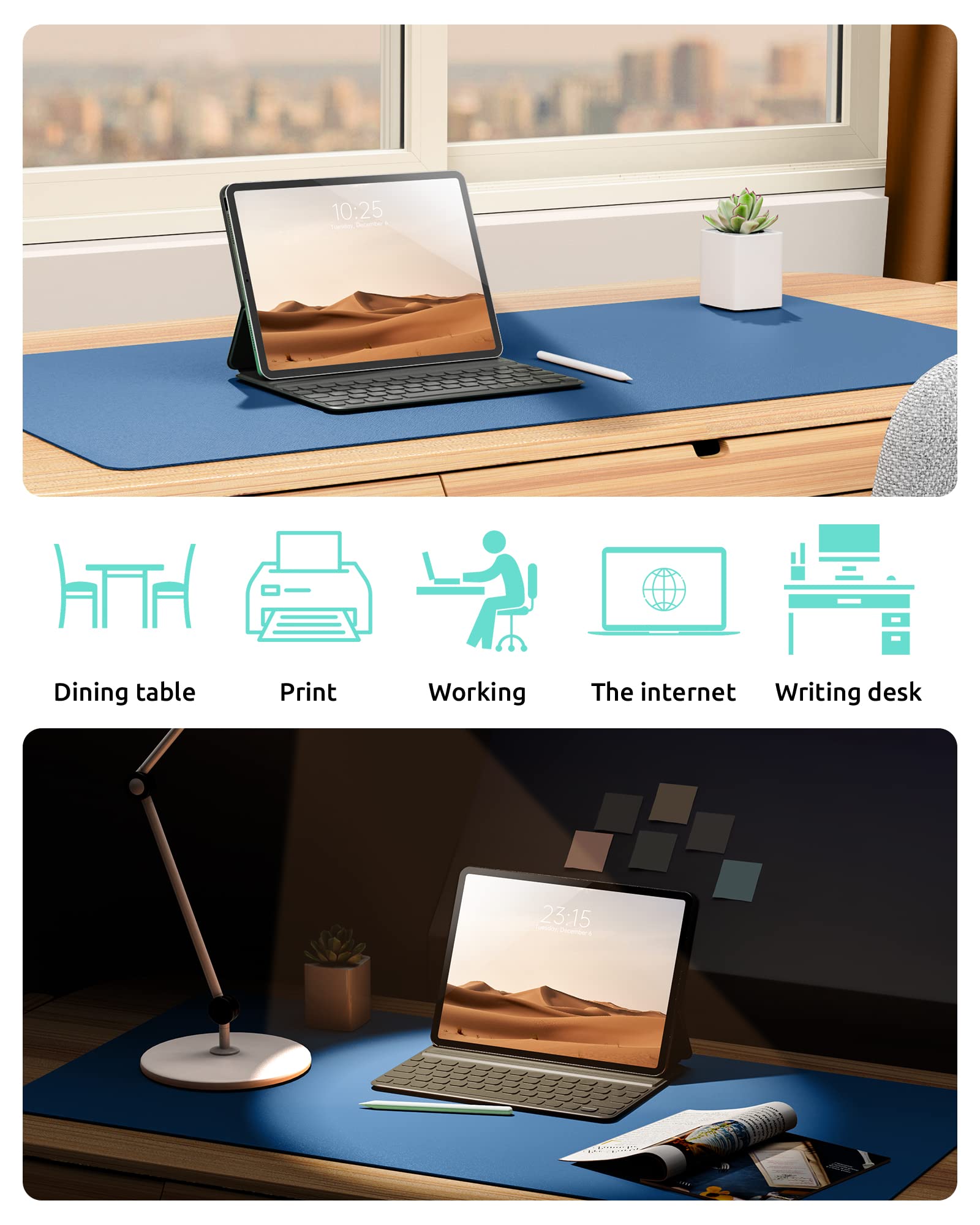YSAGi Leather Desk Protector, Office Mat, Large Mouse Mat, Non-Slip PU Leather Blotter, Laptop Desk Pad, Waterproof Writing Pad for Office and Home (Sea Blue, 23.6" x 13.8")