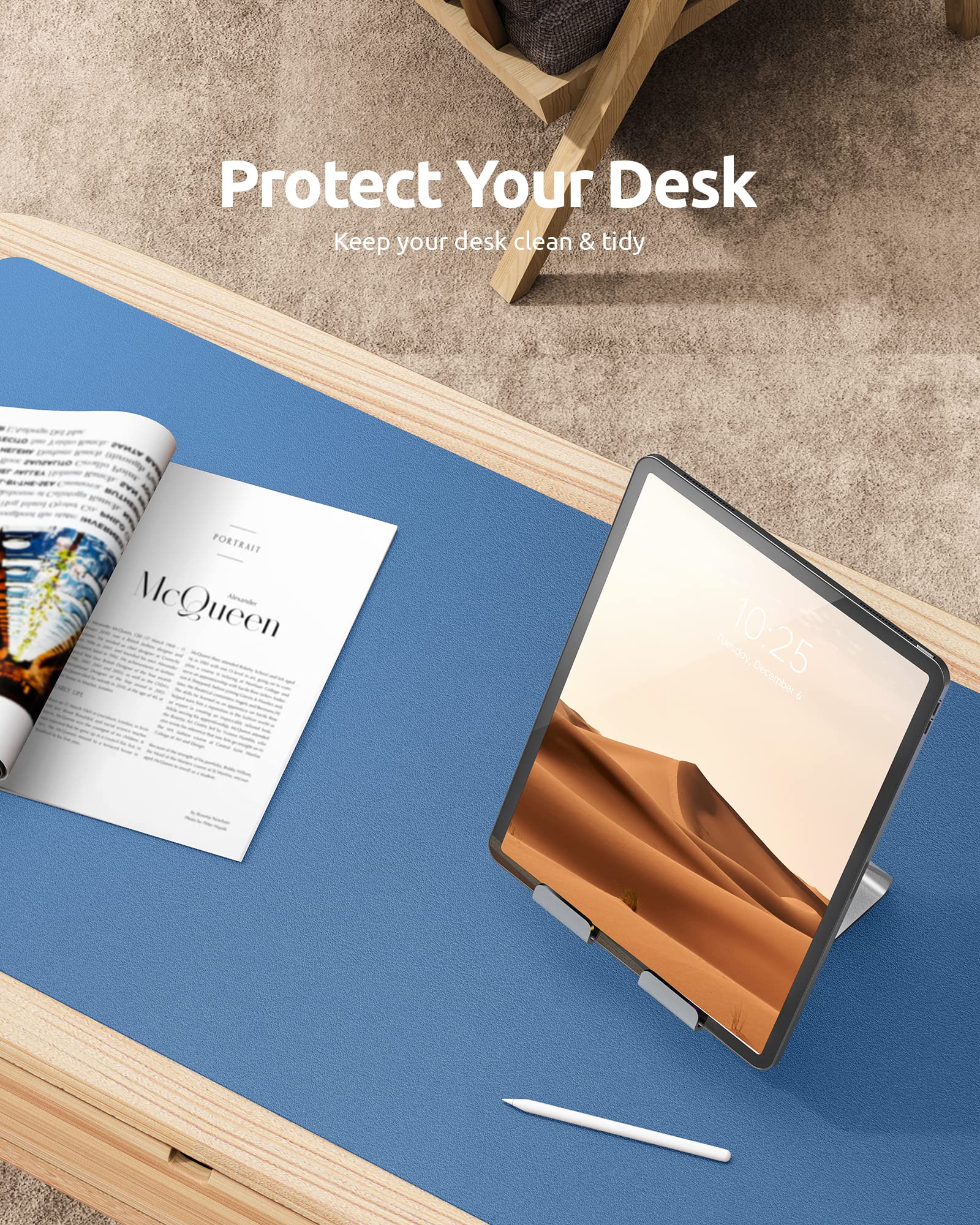 YSAGi Leather Desk Protector, Office Mat, Large Mouse Mat, Non-Slip PU Leather Blotter, Laptop Desk Pad, Waterproof Writing Pad for Office and Home (Sea Blue, 23.6" x 13.8")