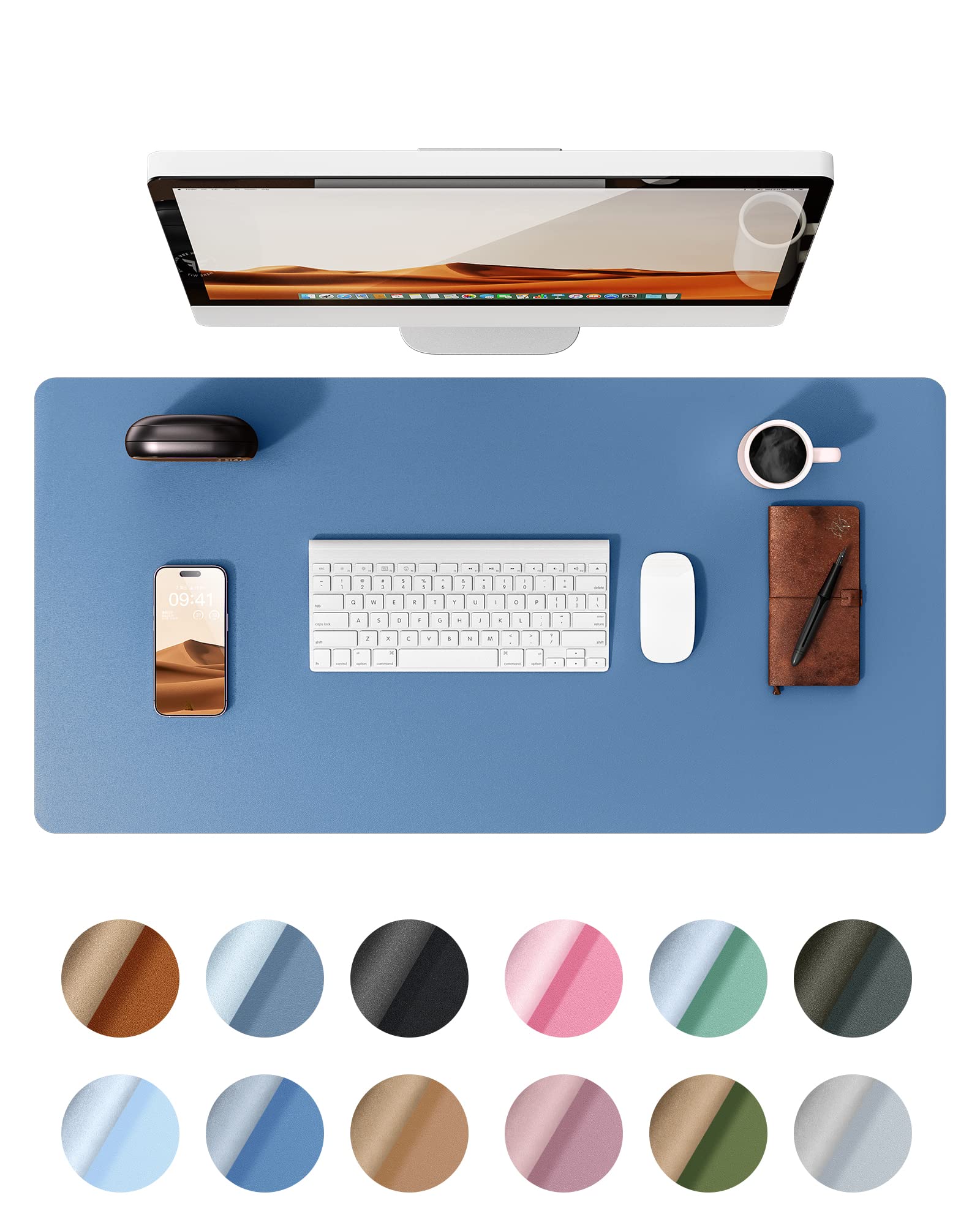 YSAGi Leather Desk Protector, Office Mat, Large Mouse Mat, Non-Slip PU Leather Blotter, Laptop Desk Pad, Waterproof Writing Pad for Office and Home (Sea Blue, 23.6" x 13.8")