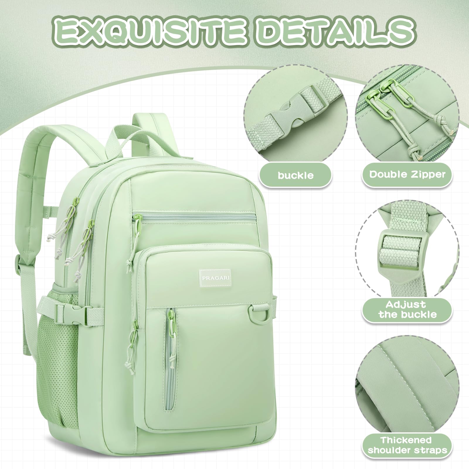 PRAGARI Kids Backpack for School Cute Aesthetic Green Backpack Girls Student Bookbag Women Travel Lightweight Book Bag