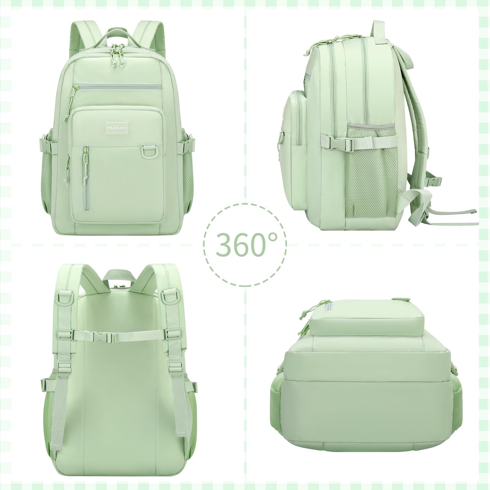 PRAGARI Kids Backpack for School Cute Aesthetic Green Backpack Girls Student Bookbag Women Travel Lightweight Book Bag