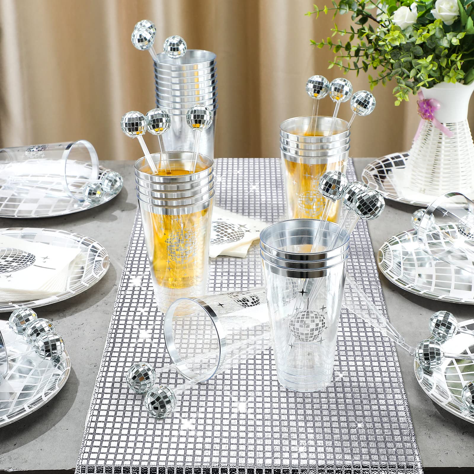 70s Disco Party Supplies Disco Balls Plates Napkins Cocktail Stirrers Disposable Plastic Cups Party Table Runner for 80s 90s Wedding Picnic Travel(101 Pieces)