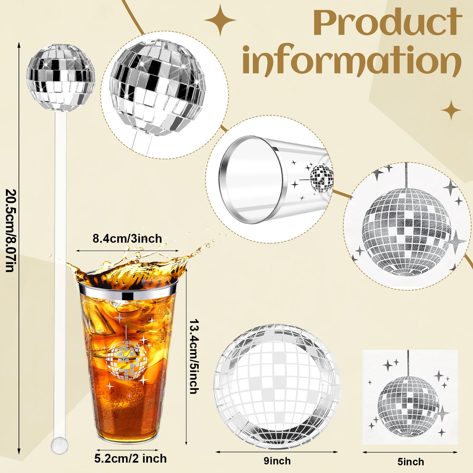 70s Disco Party Supplies Disco Balls Plates Napkins Cocktail Stirrers Disposable Plastic Cups Party Table Runner for 80s 90s Wedding Picnic Travel(101 Pieces)