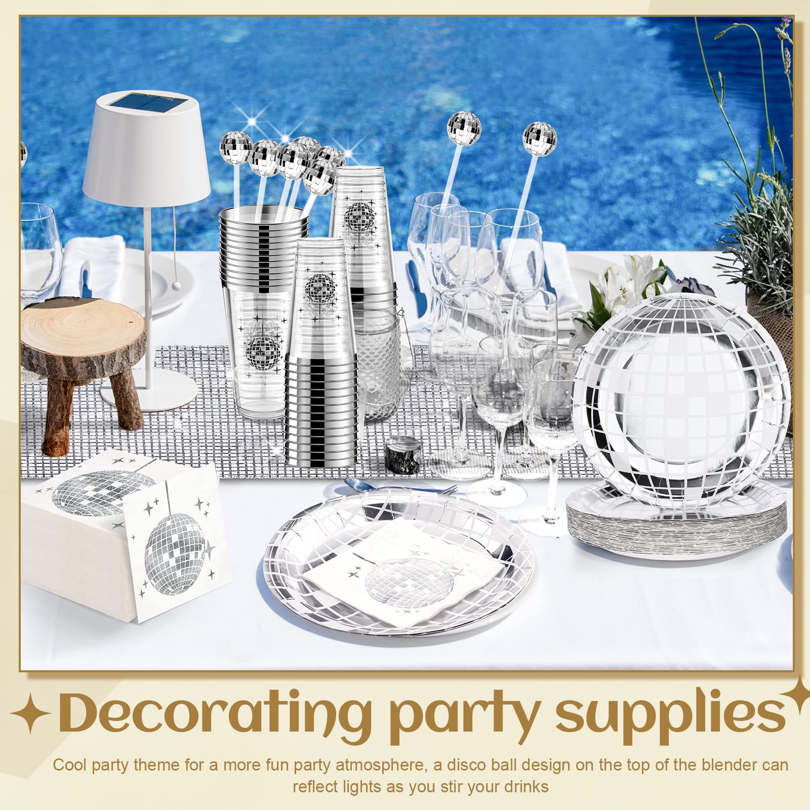 70s Disco Party Supplies Disco Balls Plates Napkins Cocktail Stirrers Disposable Plastic Cups Party Table Runner for 80s 90s Wedding Picnic Travel(101 Pieces)