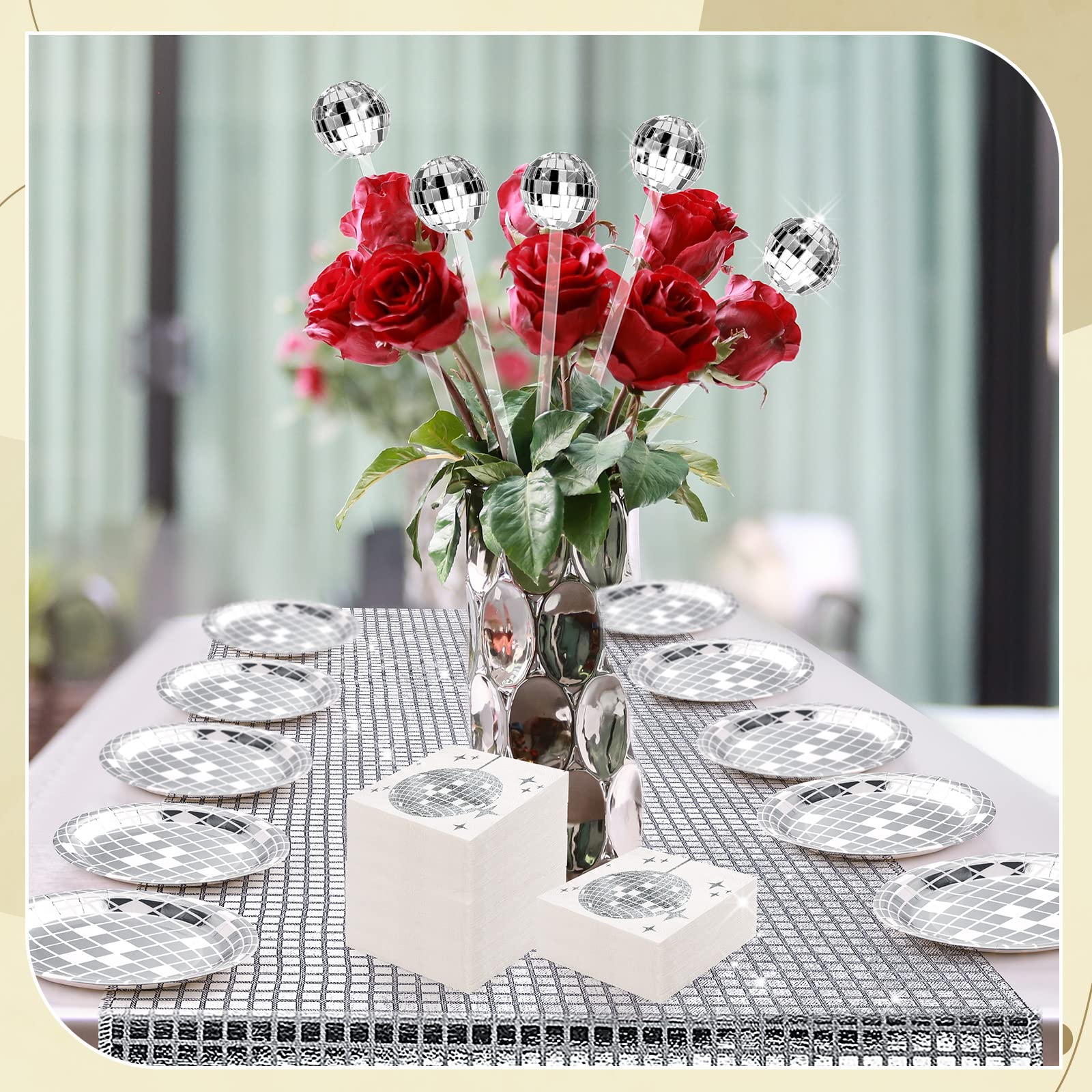 70s Disco Party Supplies Disco Balls Plates Napkins Cocktail Stirrers Disposable Plastic Cups Party Table Runner for 80s 90s Wedding Picnic Travel(101 Pieces)