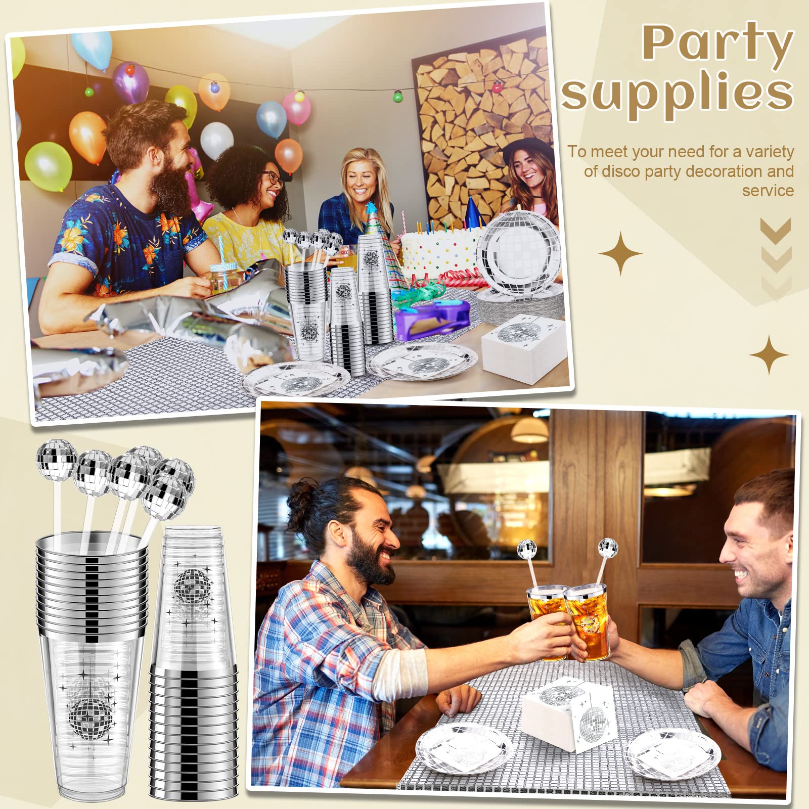 70s Disco Party Supplies Disco Balls Plates Napkins Cocktail Stirrers Disposable Plastic Cups Party Table Runner for 80s 90s Wedding Picnic Travel(101 Pieces)