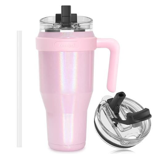 Zenbo 40 oz Glitter Tumbler with Handle–Stainless Steel Vacuum Insulated Mug Cup with Handle, Lid and Straw, Keeps Drinks Cold up to 34 Hours–Sweat-Proof Body, Dishwasher Safe