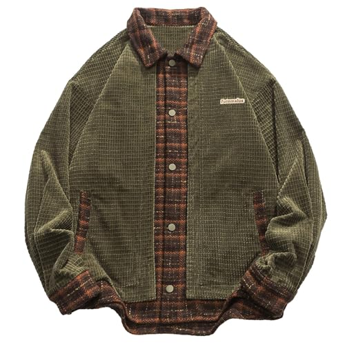 Aelfric Eden Mens Jackets Color Block Corduroy Trucker Jacket Oversized Vintage Collared Button Down Coats Soft Warm Tops