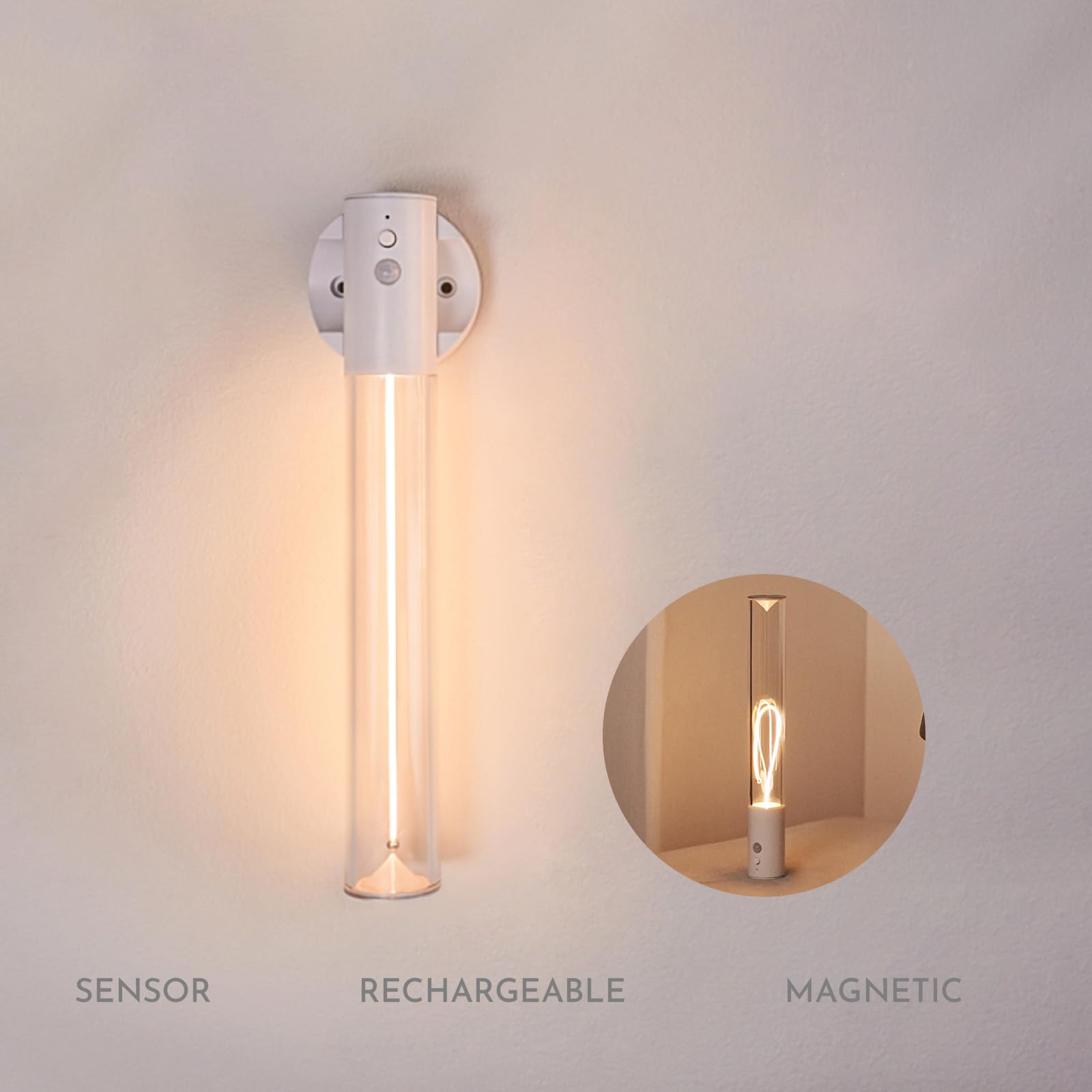 AUGE LIGHT 3-in 1 Battery Powered Wall Light Magnetic LED Wall Lamp Cordless Wall Lights Motion Sensor Wall Sconces for Indoor Staircase Corridor Beside Hallway Cabninet(White)