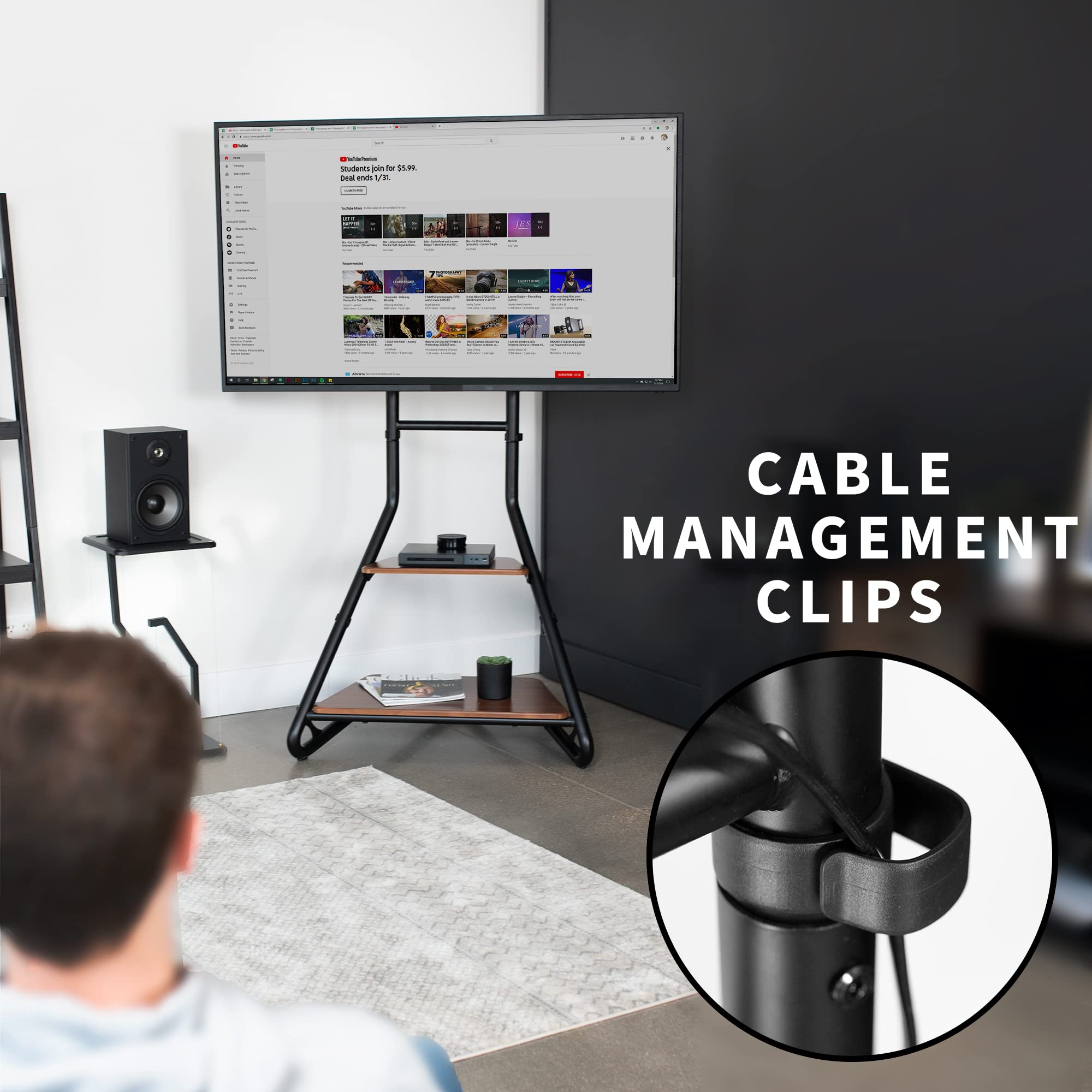 VIVO Corner TV Floor Stand, 37 to 75 inch LED LCD Screen TV Display Mount, Height Adjustable, 2 Storage Platforms, Max VESA 600x400mm, Dark Walnut Shelves, Black Frame, STAND-TV75BH