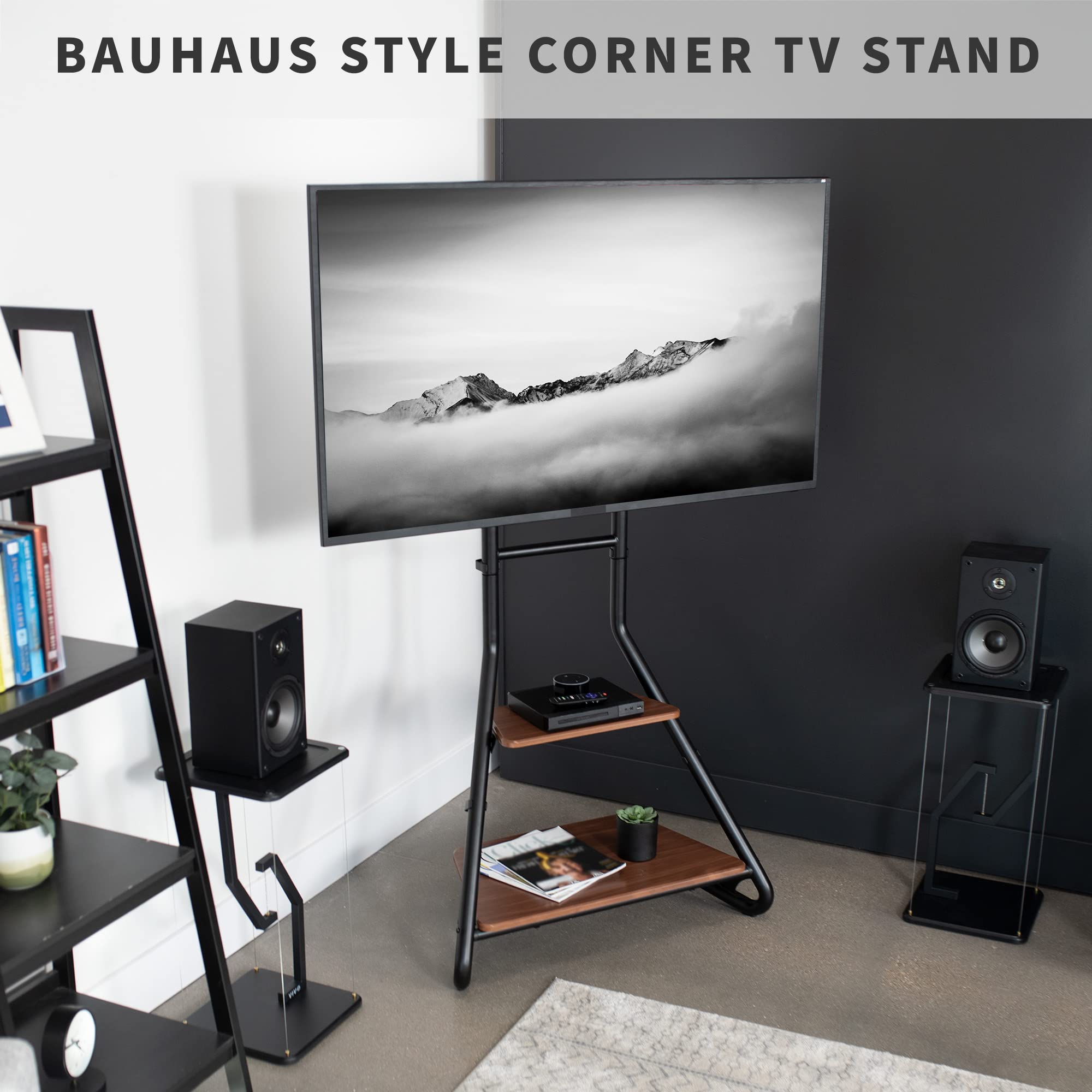 VIVO Corner TV Floor Stand, 37 to 75 inch LED LCD Screen TV Display Mount, Height Adjustable, 2 Storage Platforms, Max VESA 600x400mm, Dark Walnut Shelves, Black Frame, STAND-TV75BH