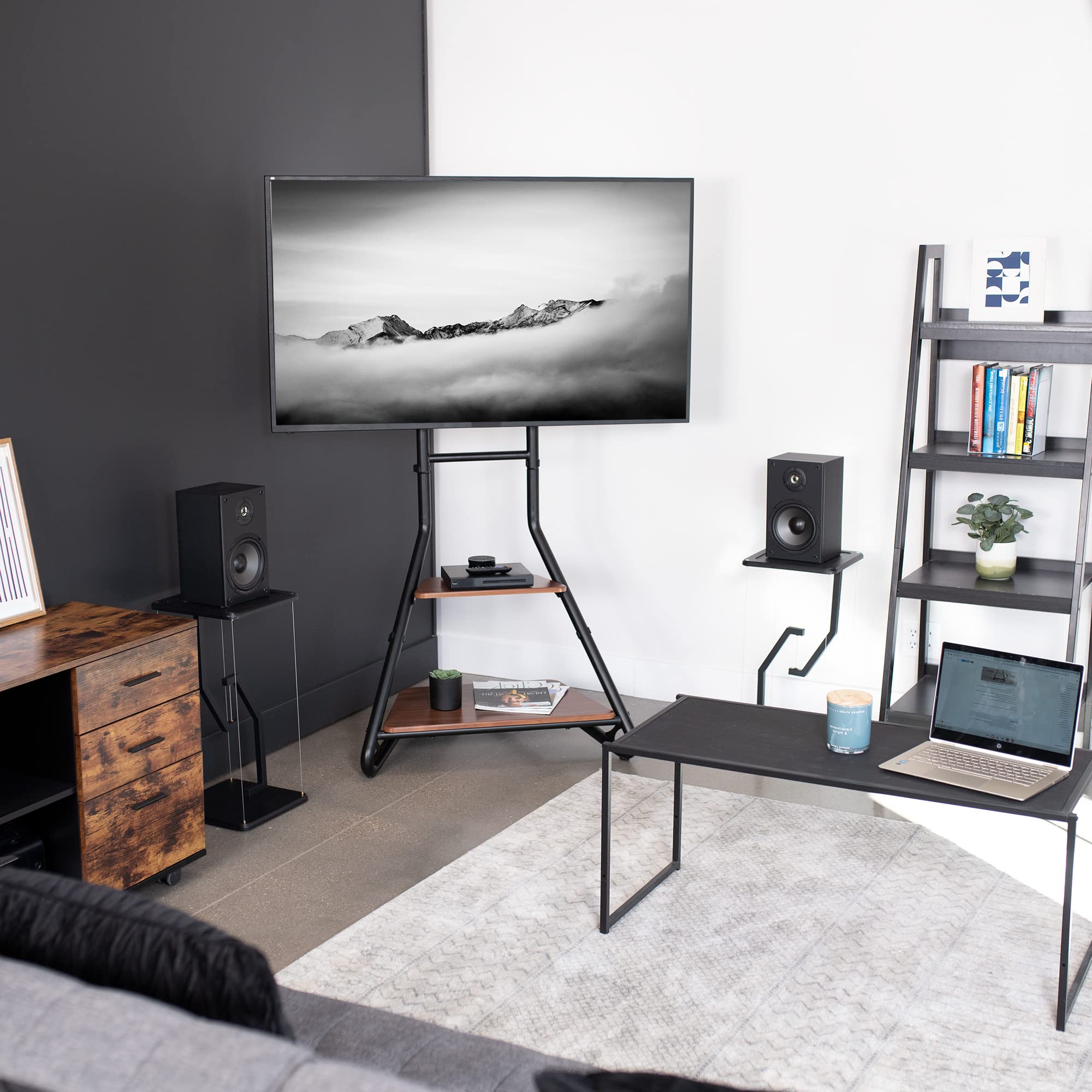 VIVO Corner TV Floor Stand, 37 to 75 inch LED LCD Screen TV Display Mount, Height Adjustable, 2 Storage Platforms, Max VESA 600x400mm, Dark Walnut Shelves, Black Frame, STAND-TV75BH
