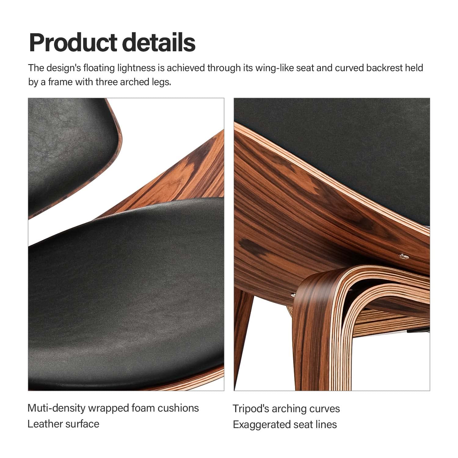 Furgle Mid Century Modern Shell Lounge Chair,PU Leather,Tripod Plywood Classic Design Solid Wood Accent Chairs for Living Room,Reading,Lounge,Office,Salon,Style-17