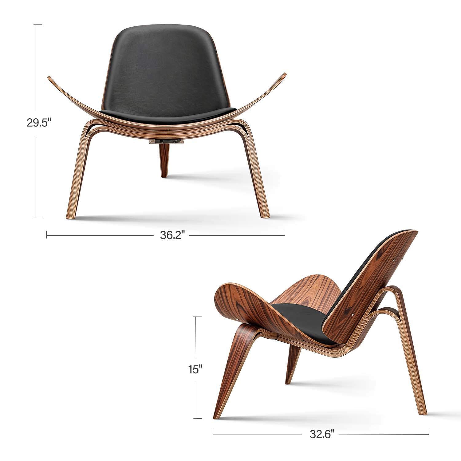Furgle Mid Century Modern Shell Lounge Chair,PU Leather,Tripod Plywood Classic Design Solid Wood Accent Chairs for Living Room,Reading,Lounge,Office,Salon,Style-17
